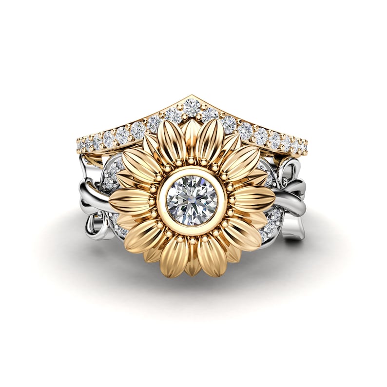 Diamond Sunflower Engagement Ring Set – Nature Inspired Bridal Set - Etsy