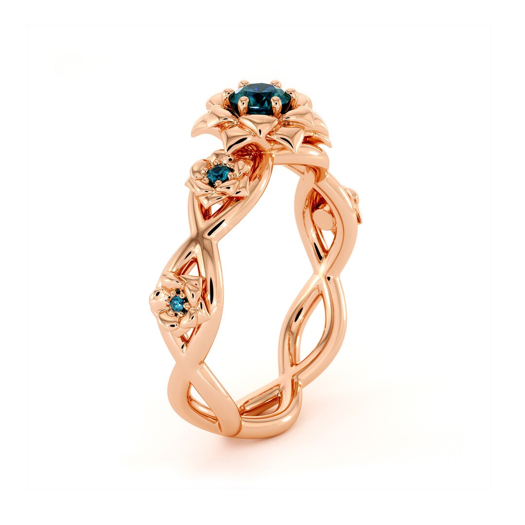 Blue Diamond Engagement Ring: 14K Rose Gold Flower Ring - Etsy
