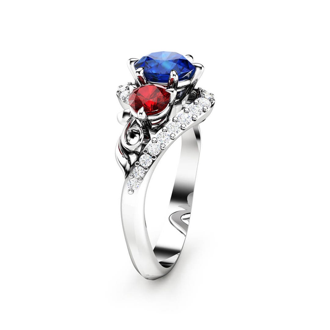 Unique Three Stone Engagement Ring 14K White Gold Ring Natural Blue ...