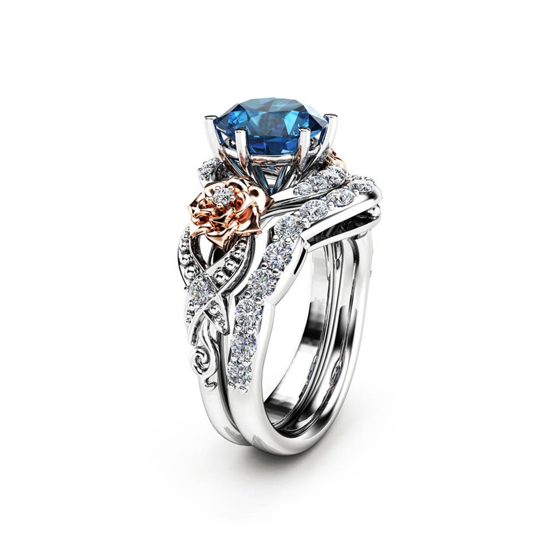 Blue Diamond Engagement Ring Set 14K Two Tone Gold Blue Diamond ...