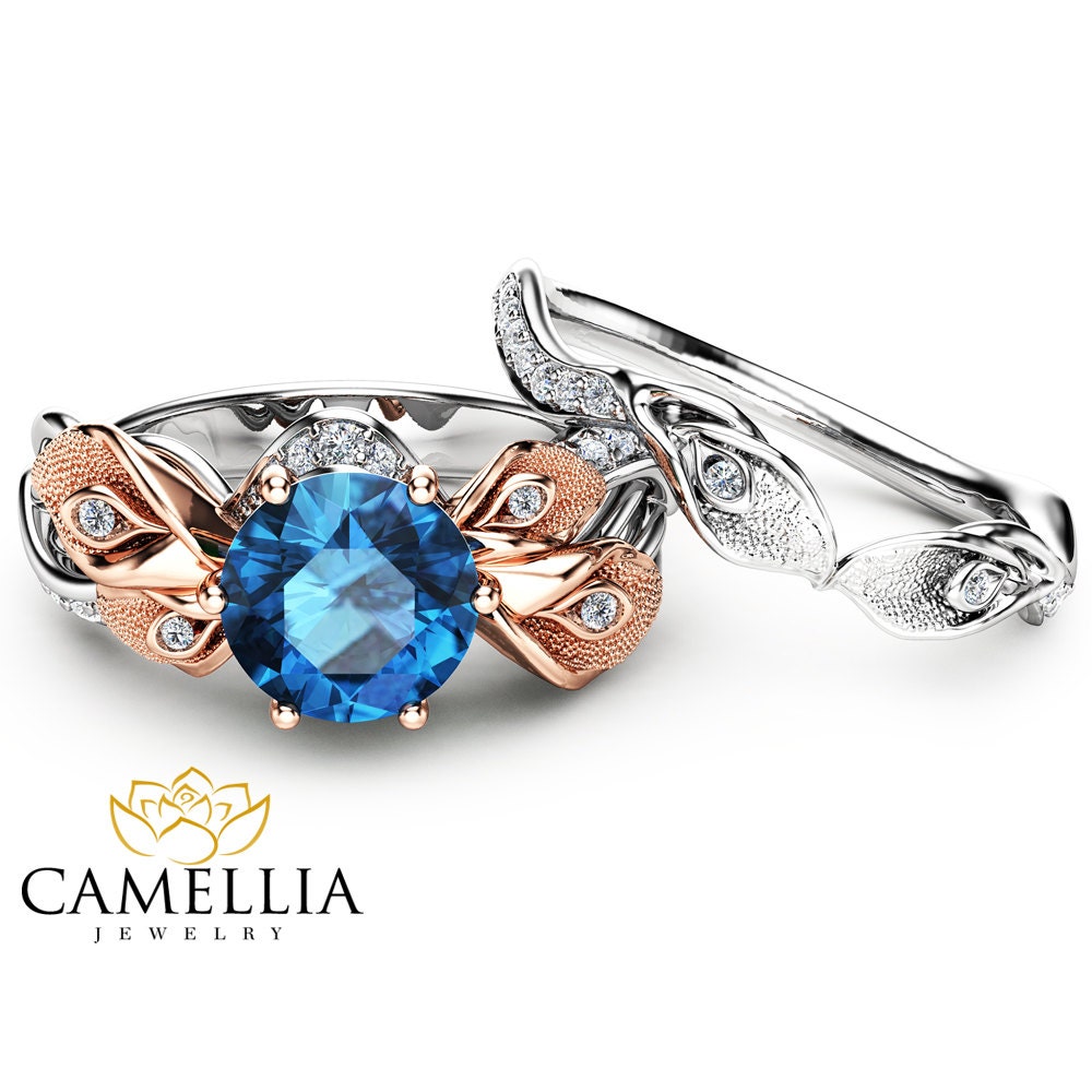 Unique Topaz Engagement Rings Floral Ring Set 14K Two Tone - Etsy
