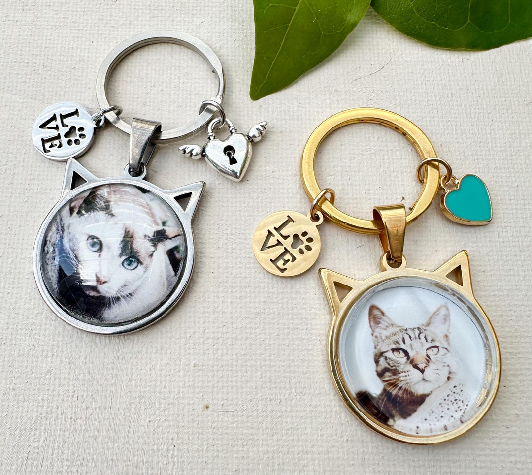 Custom Cat Photo Keychain, Pet Memorial Charm, Kitty Ears Key Fob, Cat ...