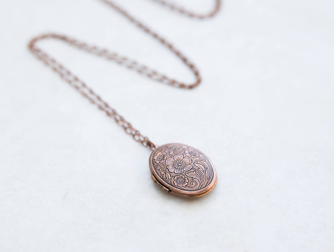 Oval Copper Photo Locket Necklace Floral, Add Photo Locket, Custom Gift ...