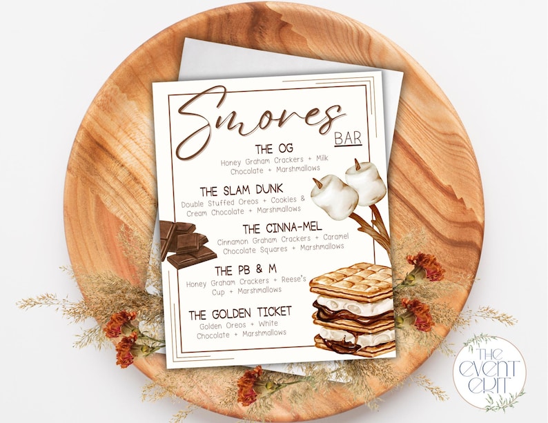 S'mores Bar Menu Sign Printable & Canva Template | Rustic Wedding ...