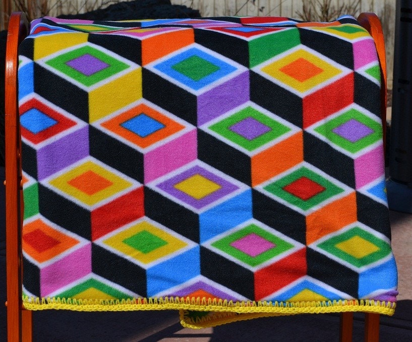 Geometric Design Fleece Blanket With Crochet Edges - Etsy