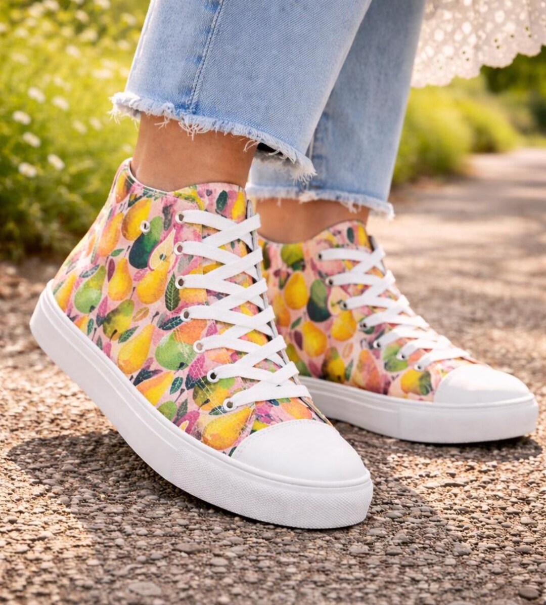 Pear Print High Top Sneakers | Fruit Pattern Canvas Shoes | Fun Gift ...