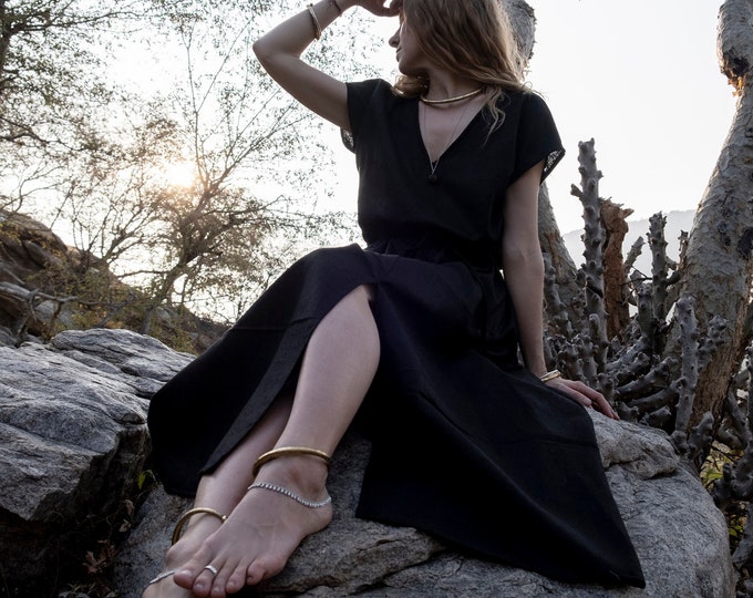 Black Ahimsa Silk Dress With Slit, Raw Silk Dress, Organic Boho Dress ...
