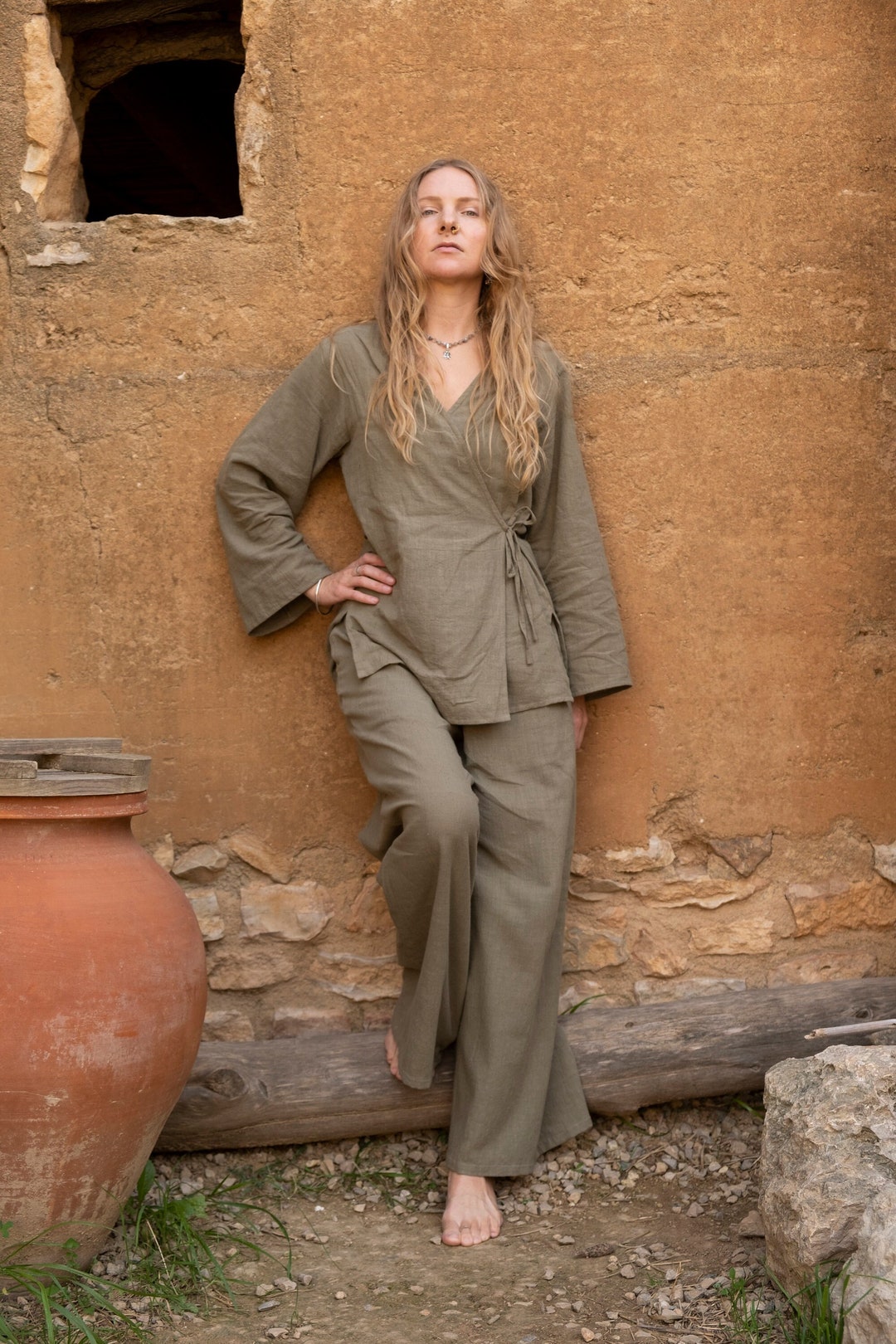 Organic Kala Cotton Olive Pajama Set, Botanical Dye, Bohemian Pajama ...