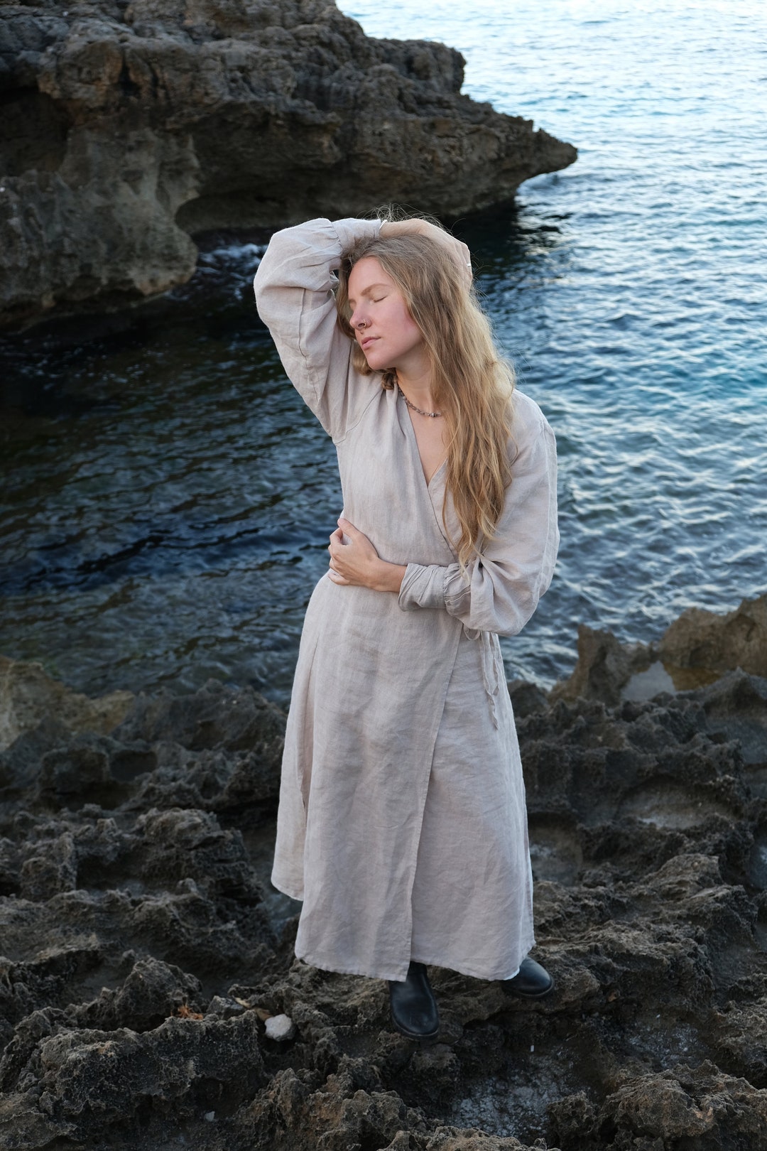 Linen Wrap Kimono Dress, Long Linen Robe, Pure Natural Linen, Maternity ...