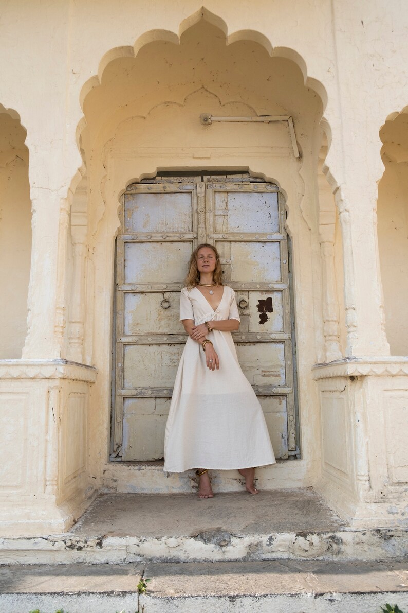Beige linen drawstring dress Natural boho dress Long summer | Etsy