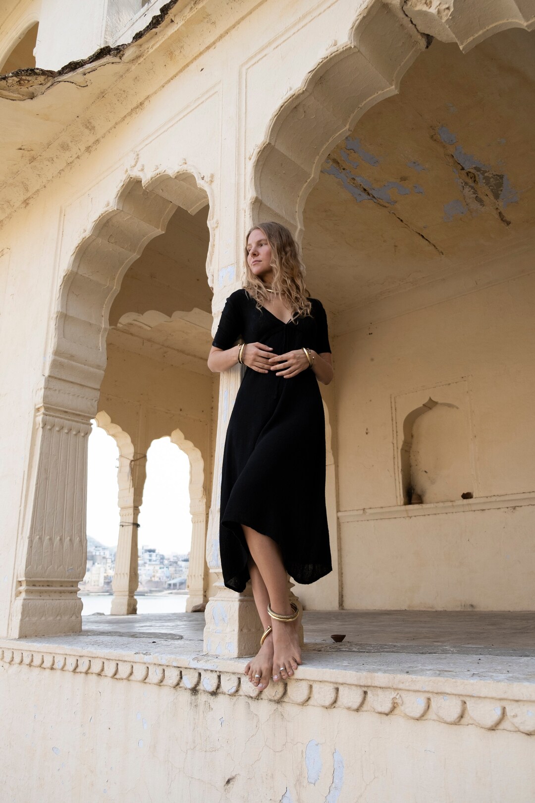 Black Ahimsa Silk Drawstring Dress, Hand-loomed Silk Dress, Organic ...