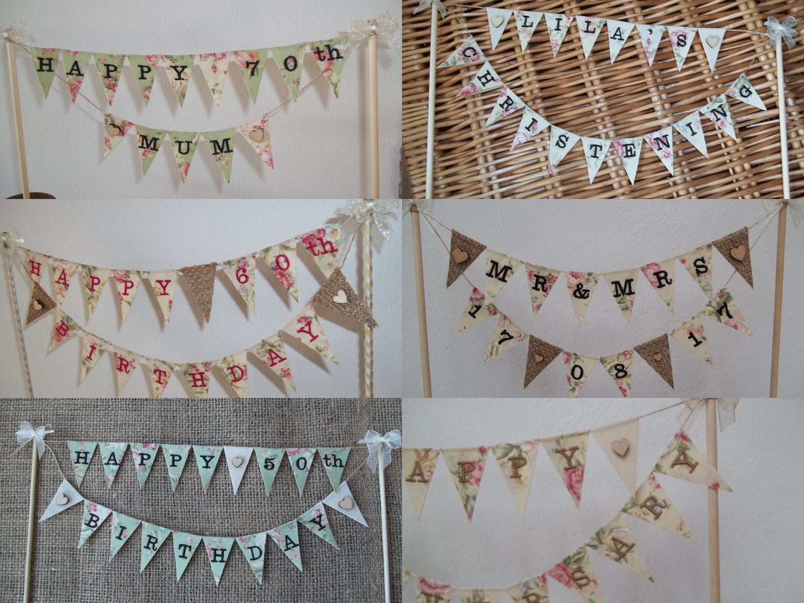 Embroidered Floral Fabric Cake Topper - Vintage Cottagecore Bunting ...