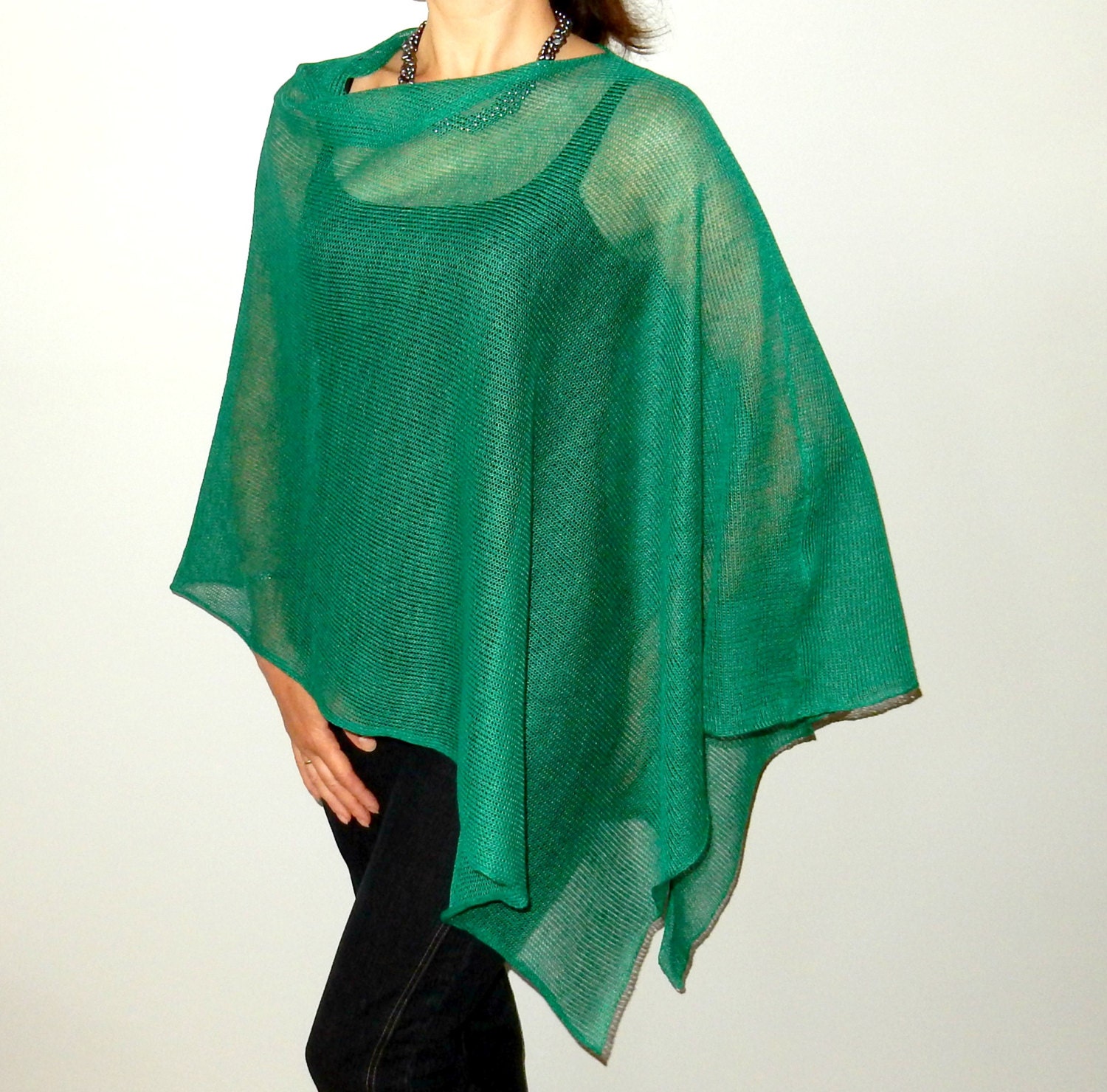 Linen Poncho, Emerald Green, Summer Shrug, Knit Poncho, Summer Cover Up ...