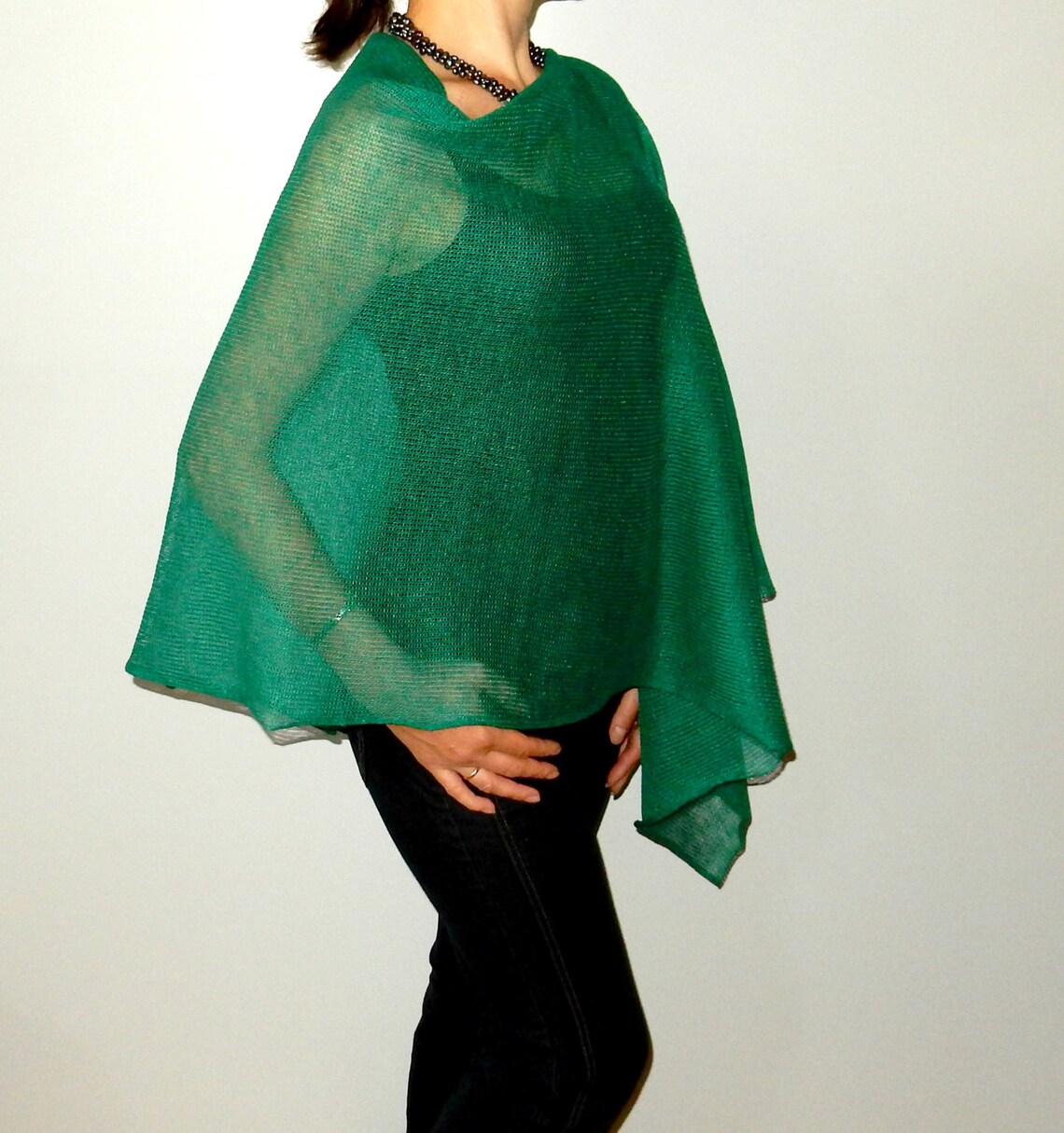 Linen Poncho, Emerald Green, Summer Shrug, Knit Poncho, Summer Cover Up ...