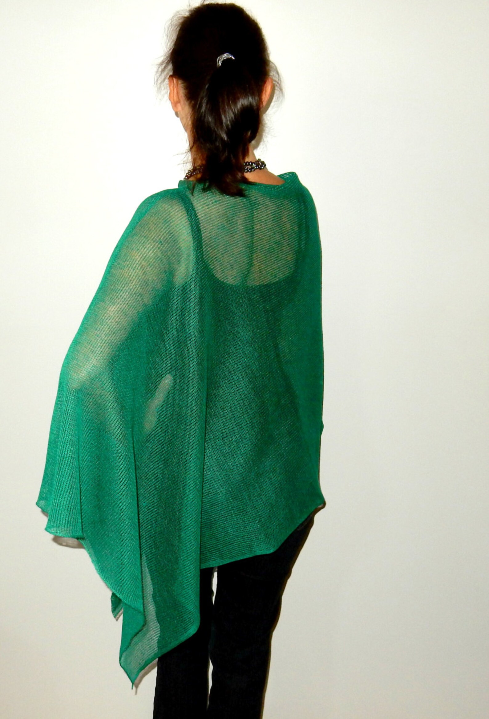 Linen Poncho, Emerald Green, Summer Shrug, Knit Poncho, Summer Cover Up ...