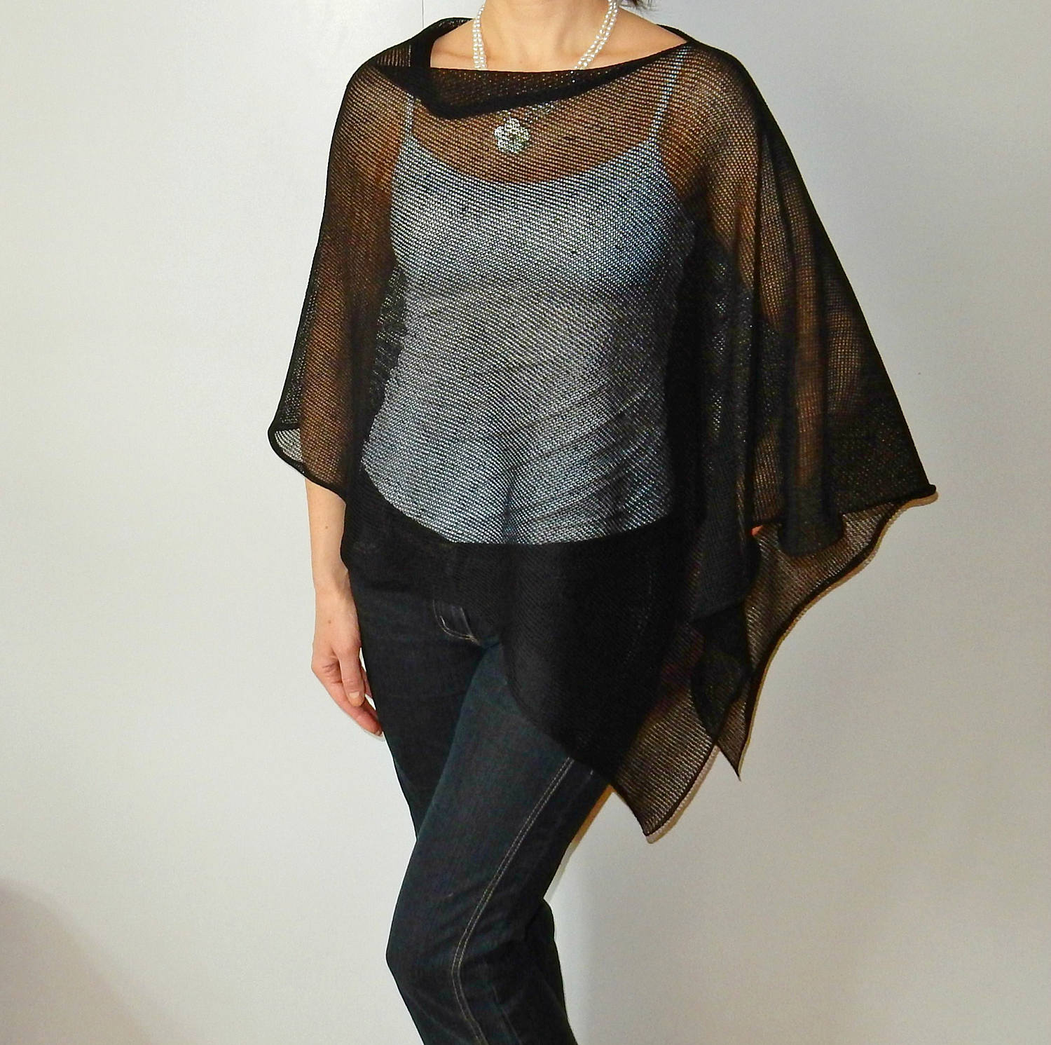 Negro Poncho Natural Linen teje Negro Verano encogiéndose de - Etsy España