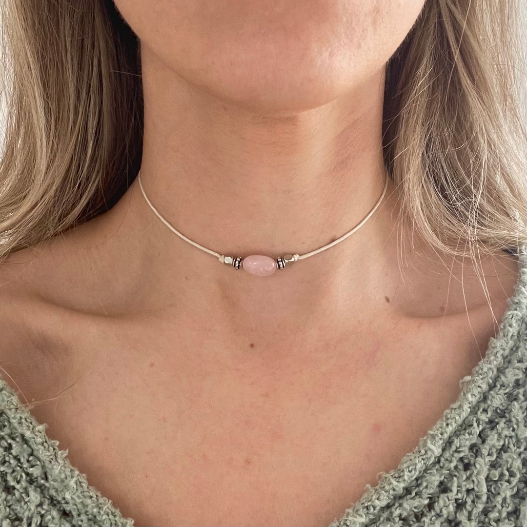 Rose Quartz Beaded Choker, Gemstone Choker, Crystal Choker Necklace ...