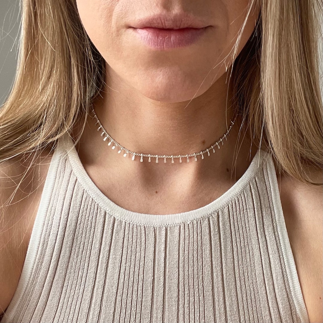 Beaded Silver Choker, Silver Drop Choker Necklace, Chunky Layered ...