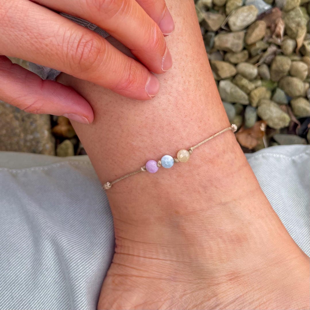Sunrise Triple Gemstone Anklet, Adjustable Cord Ankle Bracelet, Mini ...