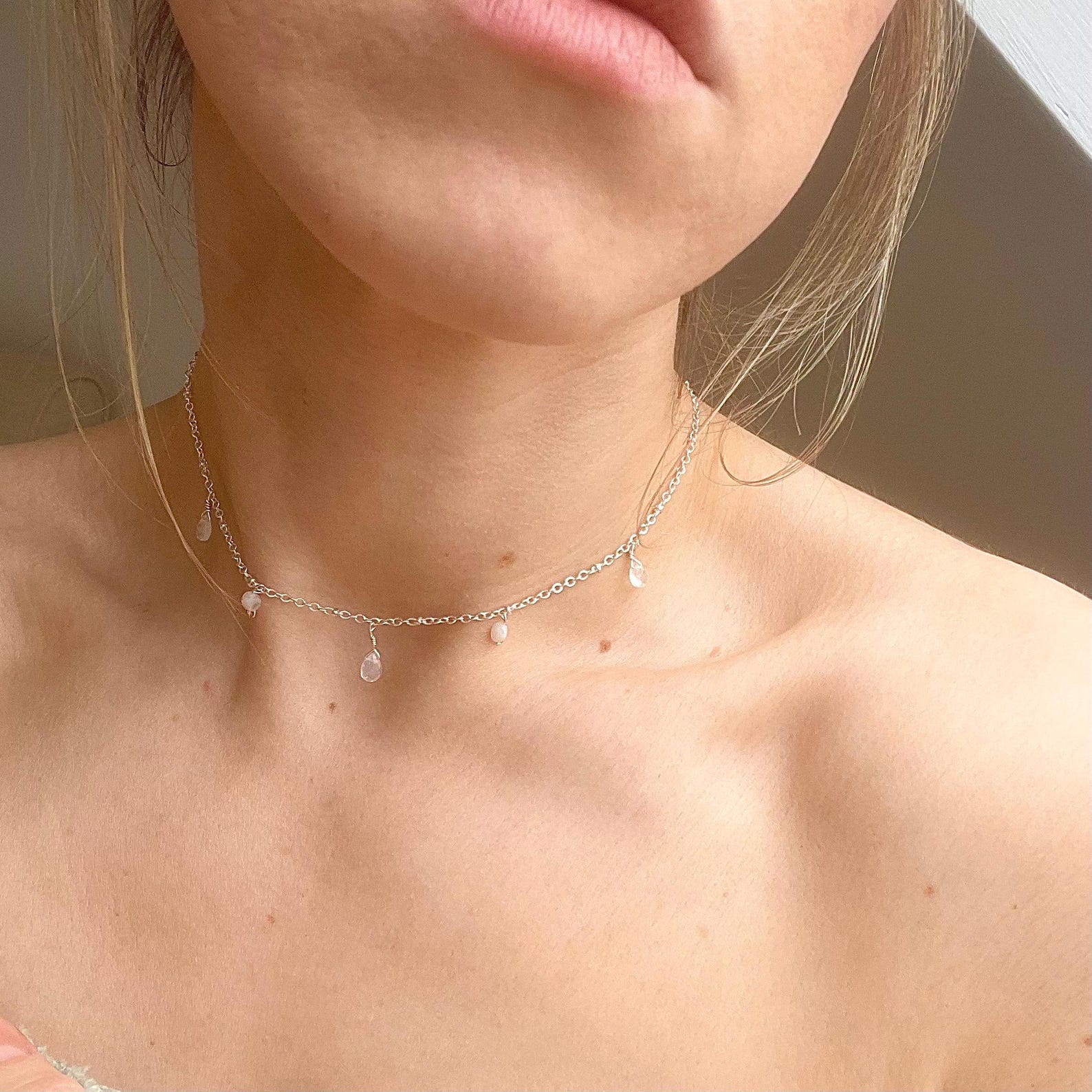 Minimal Rainbow Moonstone Choker Necklace, Short Silver Layered ...