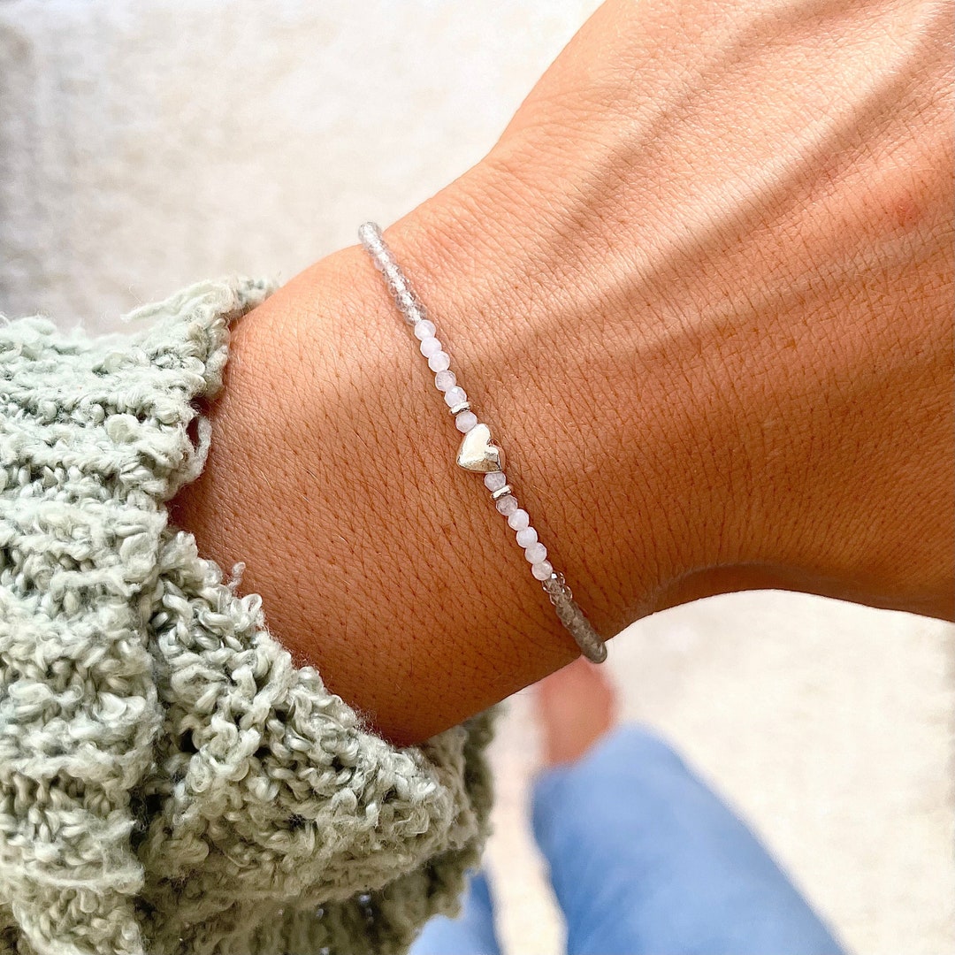 925 Silver Heart Bracelet, Gemstone Dainty Charm Bracelet, Love Heart ...