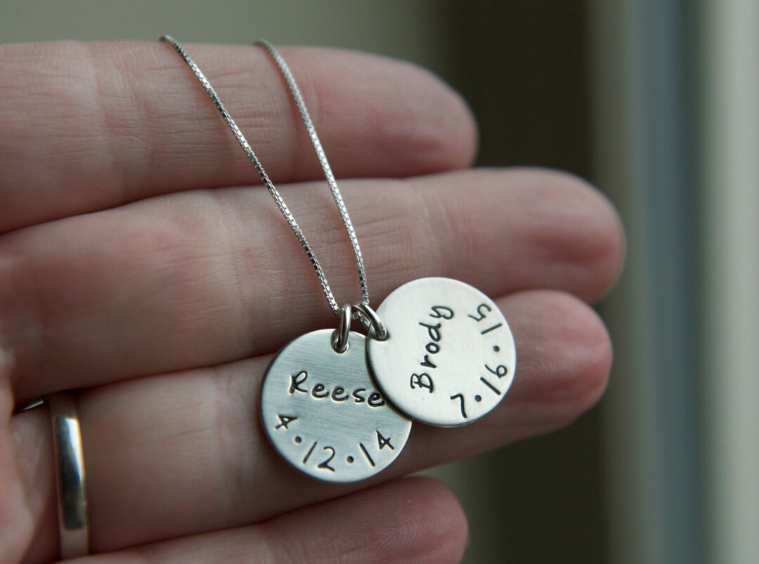 Sterling Silver Two Kids Name Birthdate Disc Necklace, Family Necklace ...