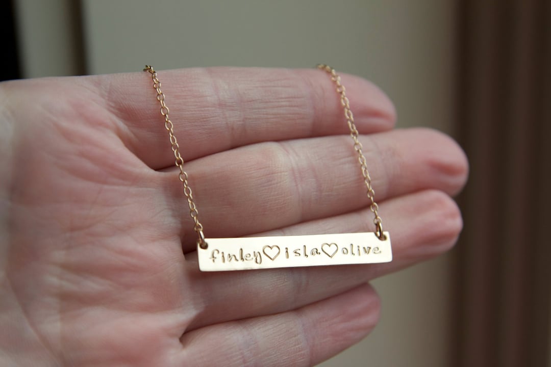 Long Gold Bar Necklace, Three Word Jewelry, Horizontal Bar Name Plate ...