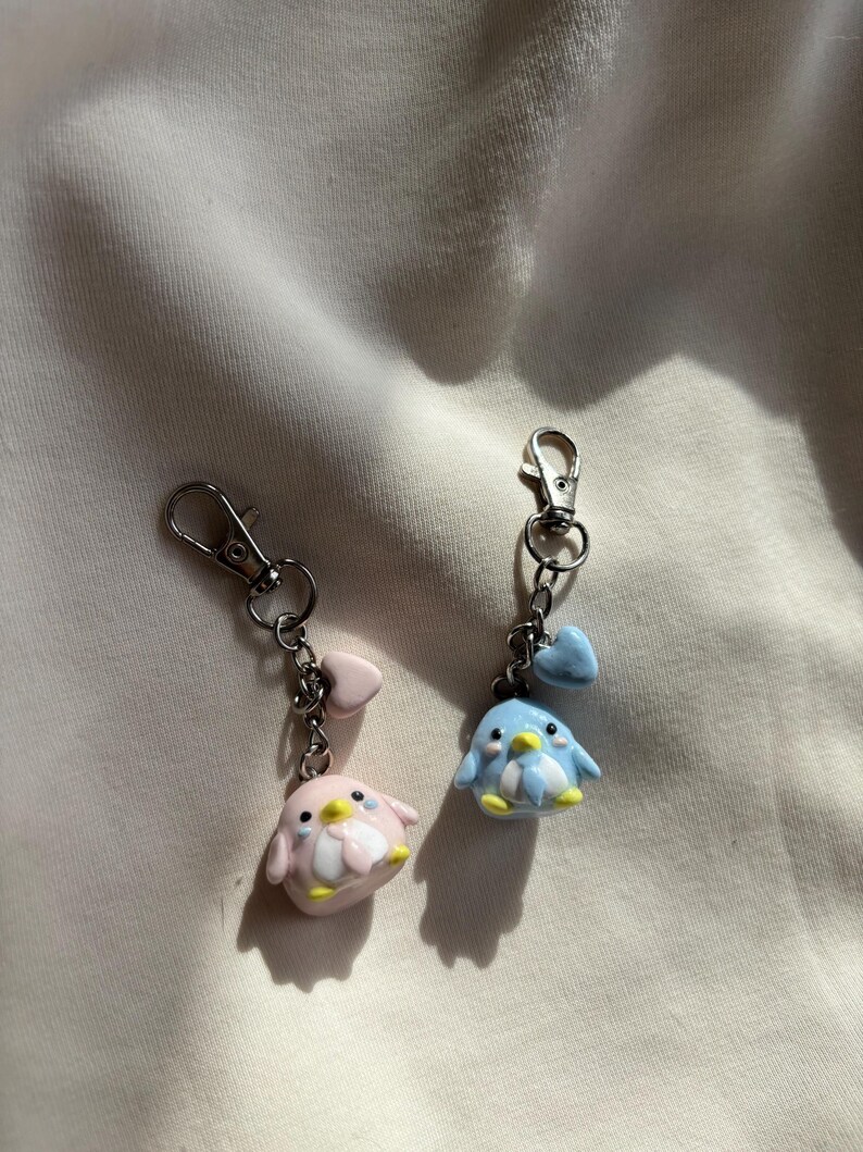 Blue and Pink Penguin Keychains, Handmade Polymer Clay, Cute Animal ...