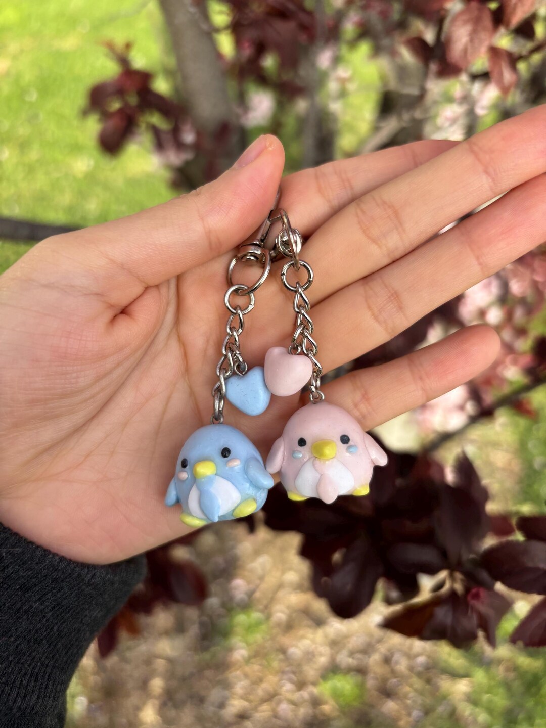 Blue and Pink Penguin Keychains, Handmade Polymer Clay, Cute Animal ...