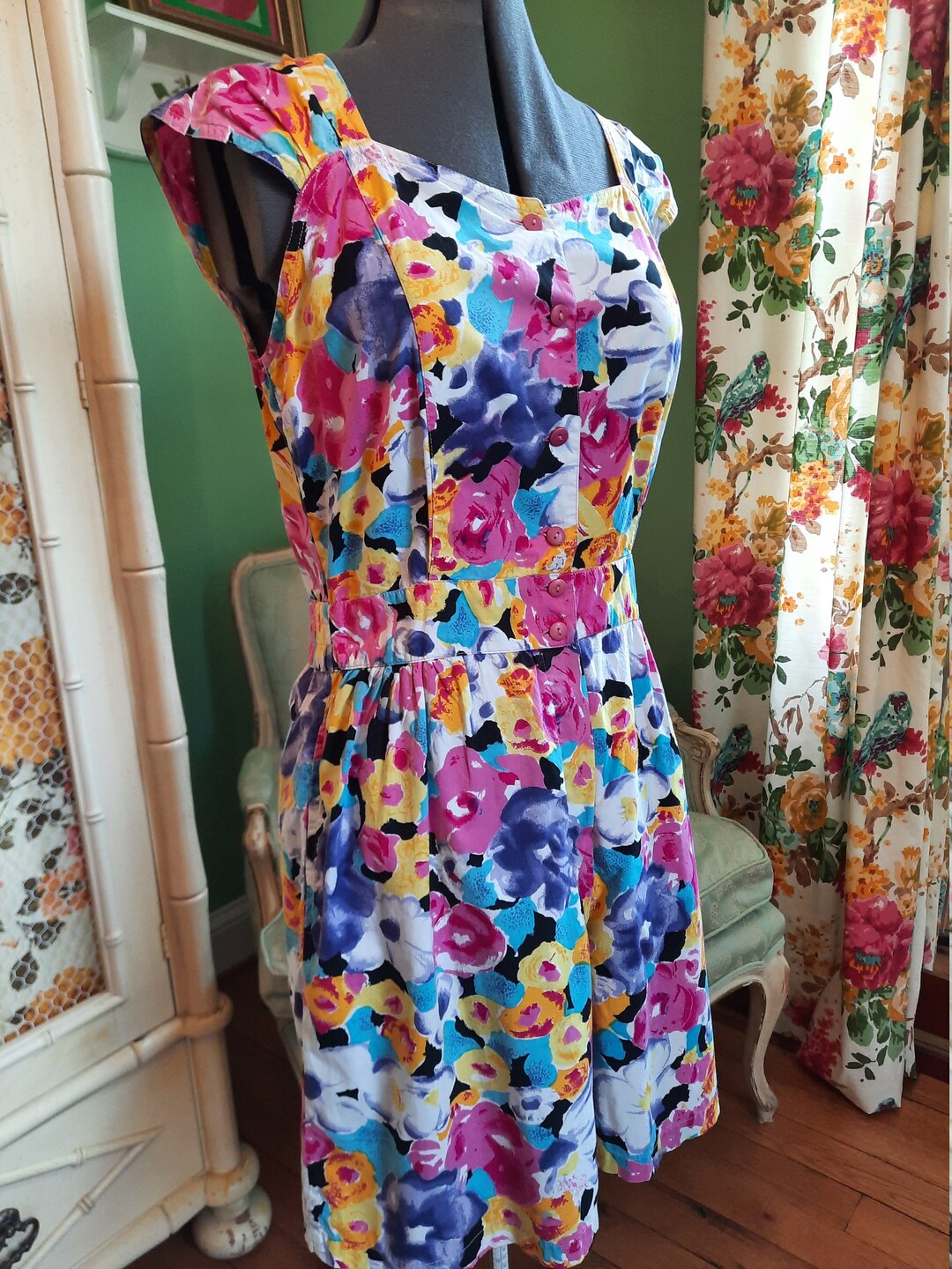 80's Cotton Romper / Bright Floral Print / Button Front - Etsy