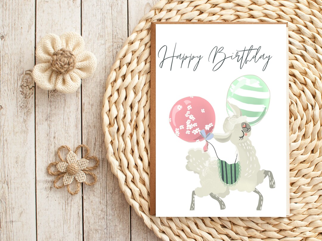 Llama Birthday Card: Balloons, Shimmer Printed Card (5x7) - Etsy