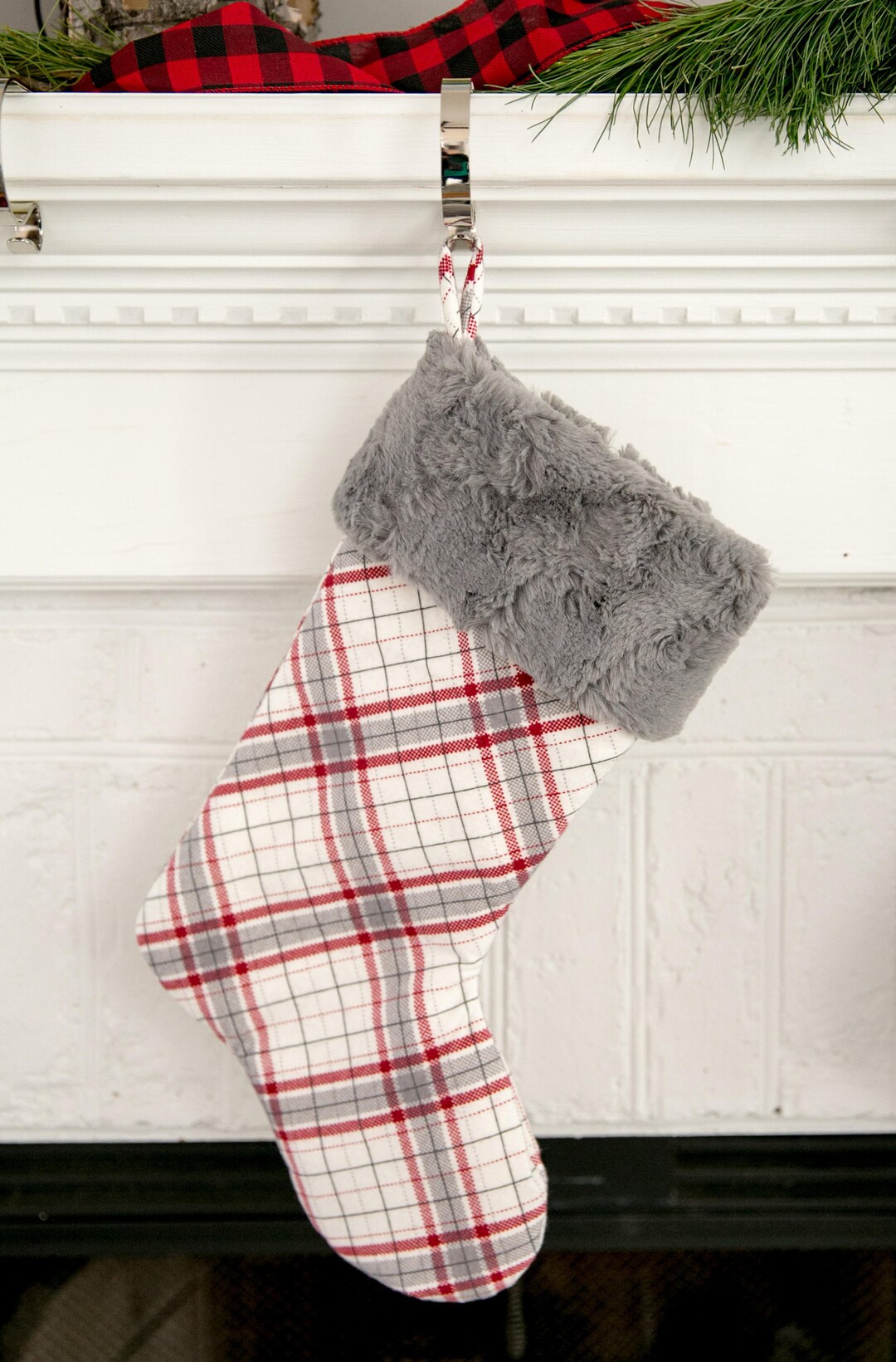 Cat Stocking, White/grey/red Plaid Stocking, Personalized Stocking ...