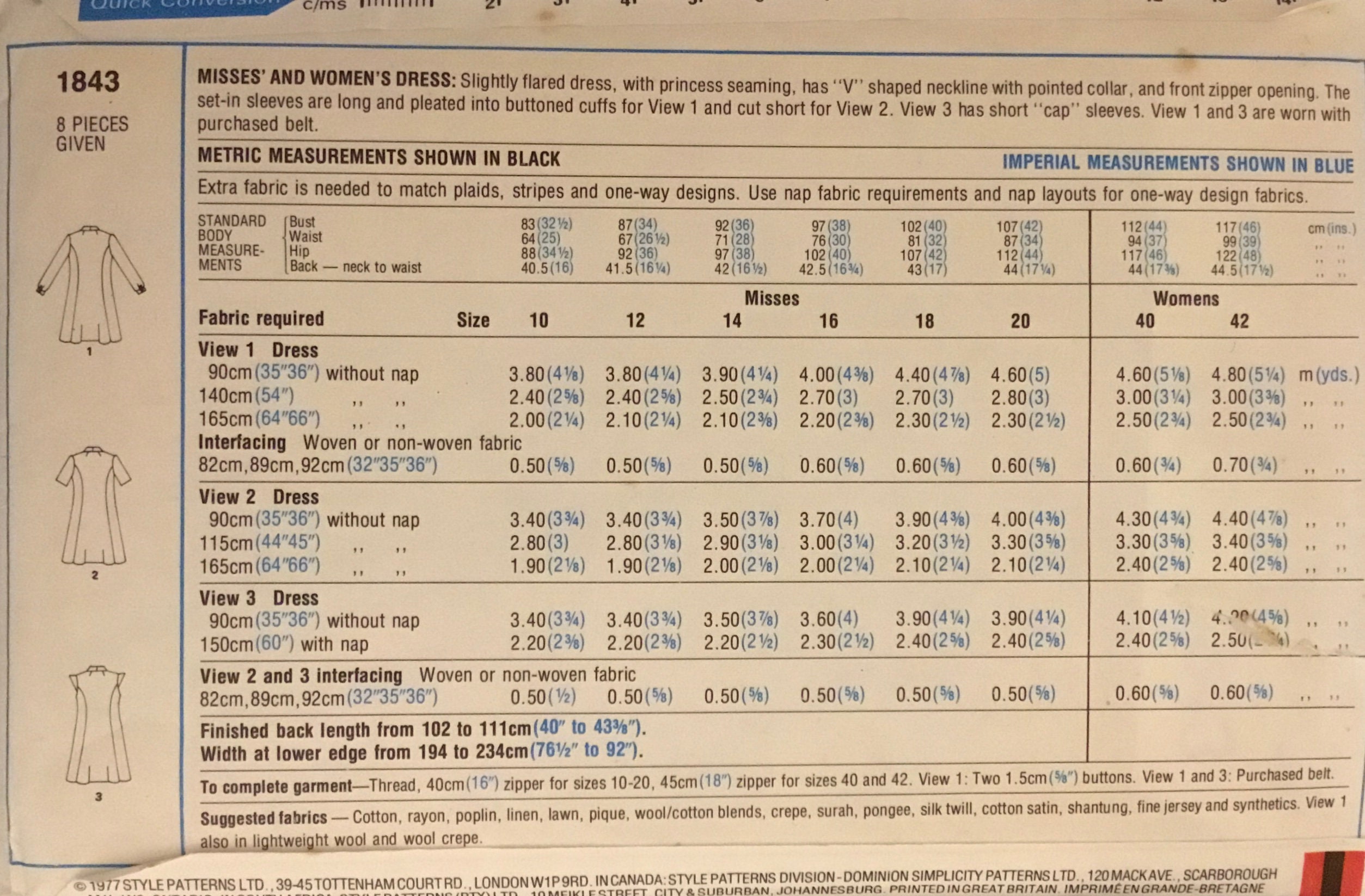 Sewing & Fiber 40 & 42 Bust Style 1843 1977 Dress Vintage Sewing ...