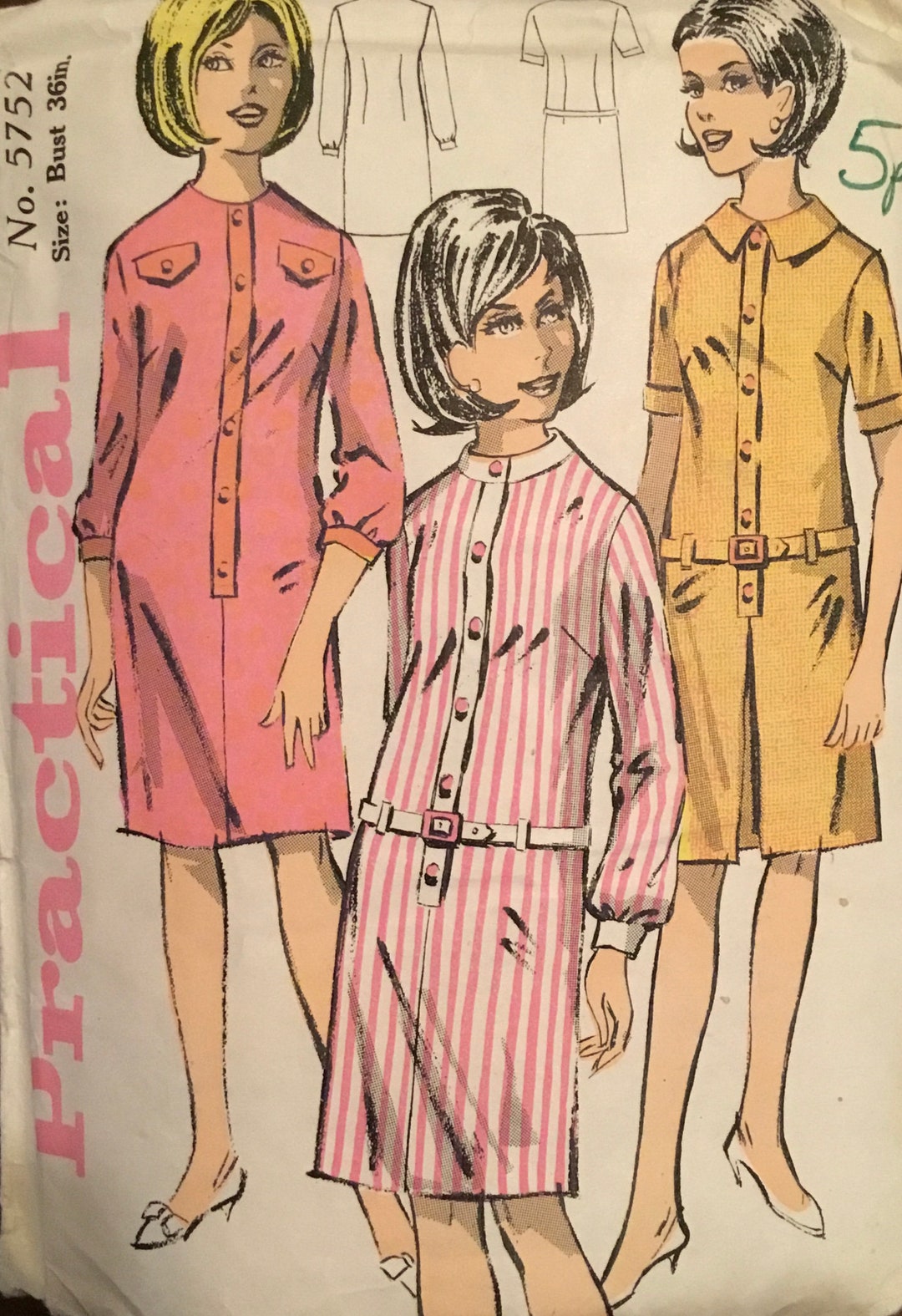 Vintage Practical Patterns Front Opening One-piece Dress Sewing Pattern ...