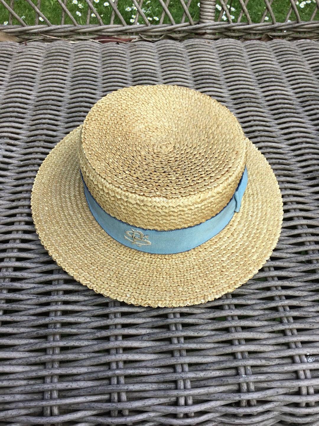 Vintage Ridgmont Make School Boater Straw Hat With Blue Trim - One Size ...