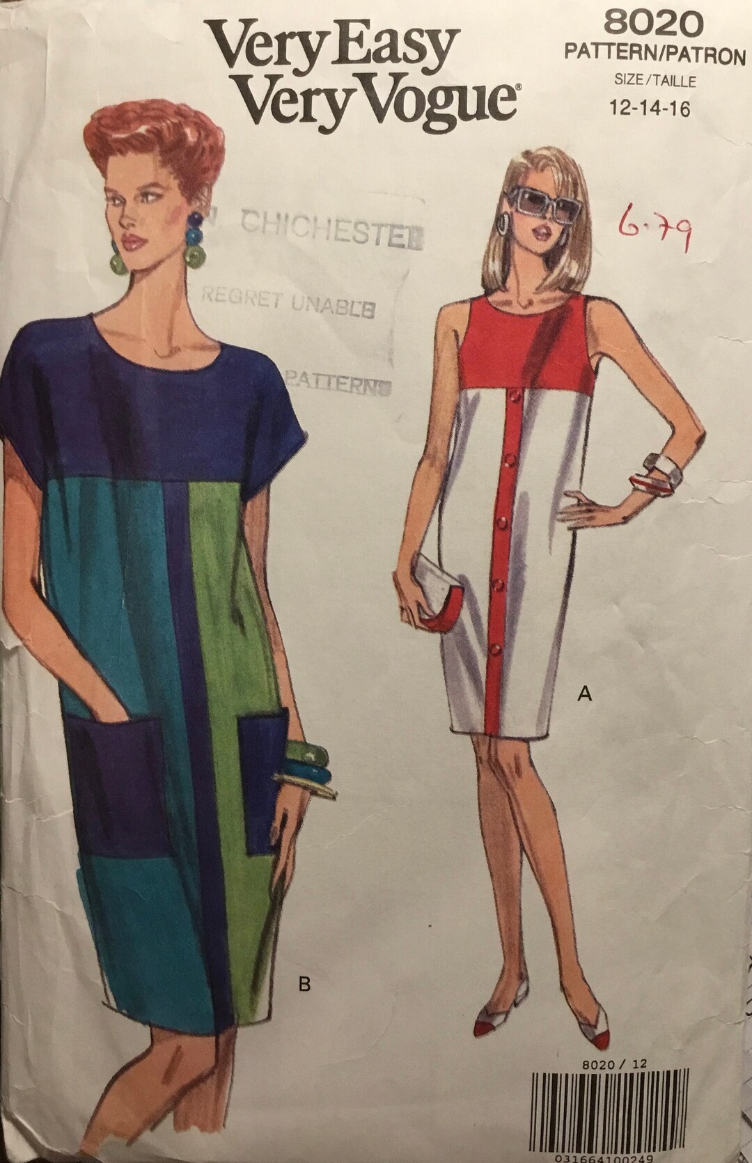 1991 Very Easy Very Vogue Misses’ Petite Dress Sewing Pattern No.8020 ...