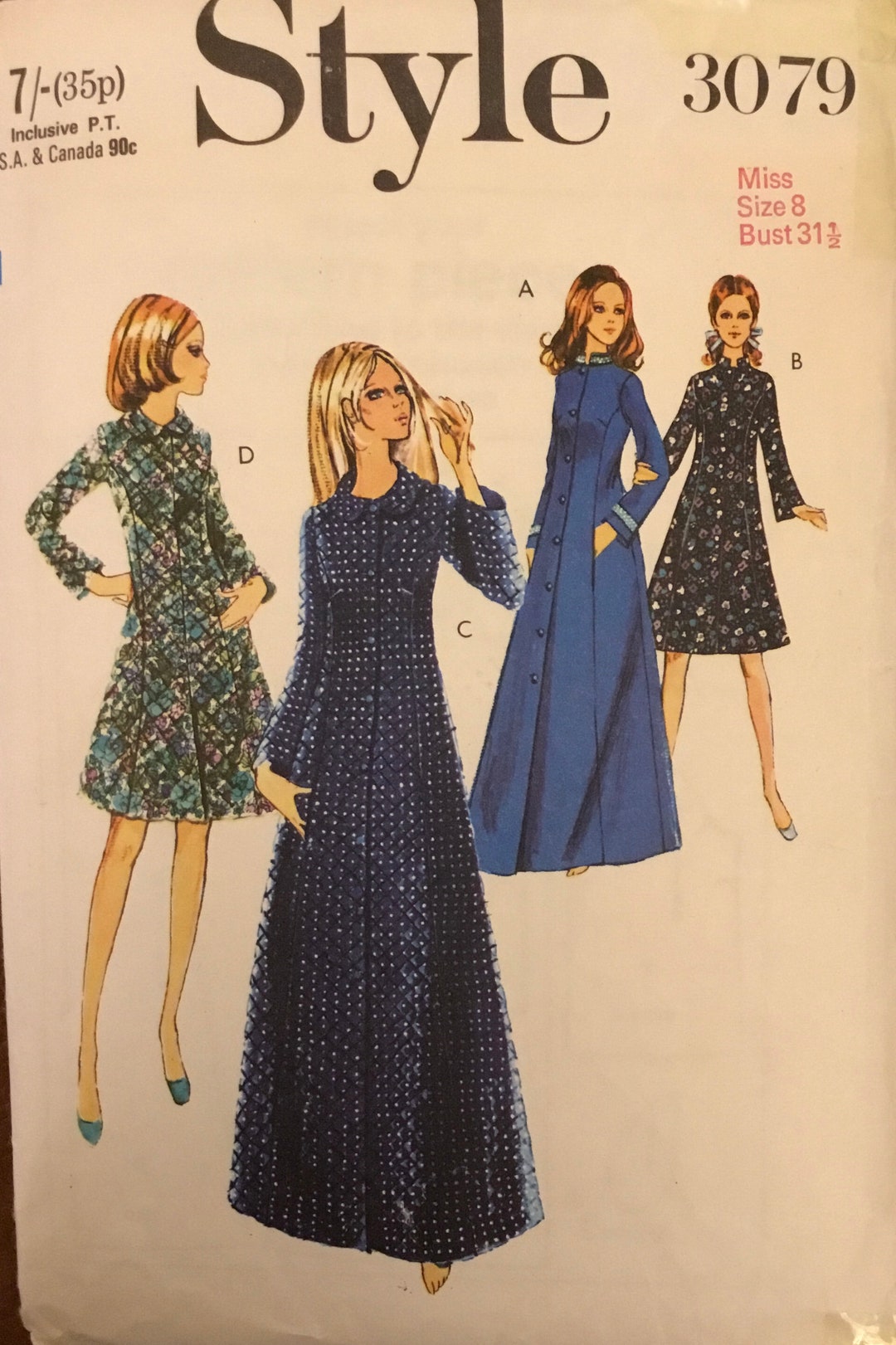 1970 Style Patterns Ltd Misses’ Housecoat in Two Length Sewing Pattern No.3079 - Size 8 | Bust ...