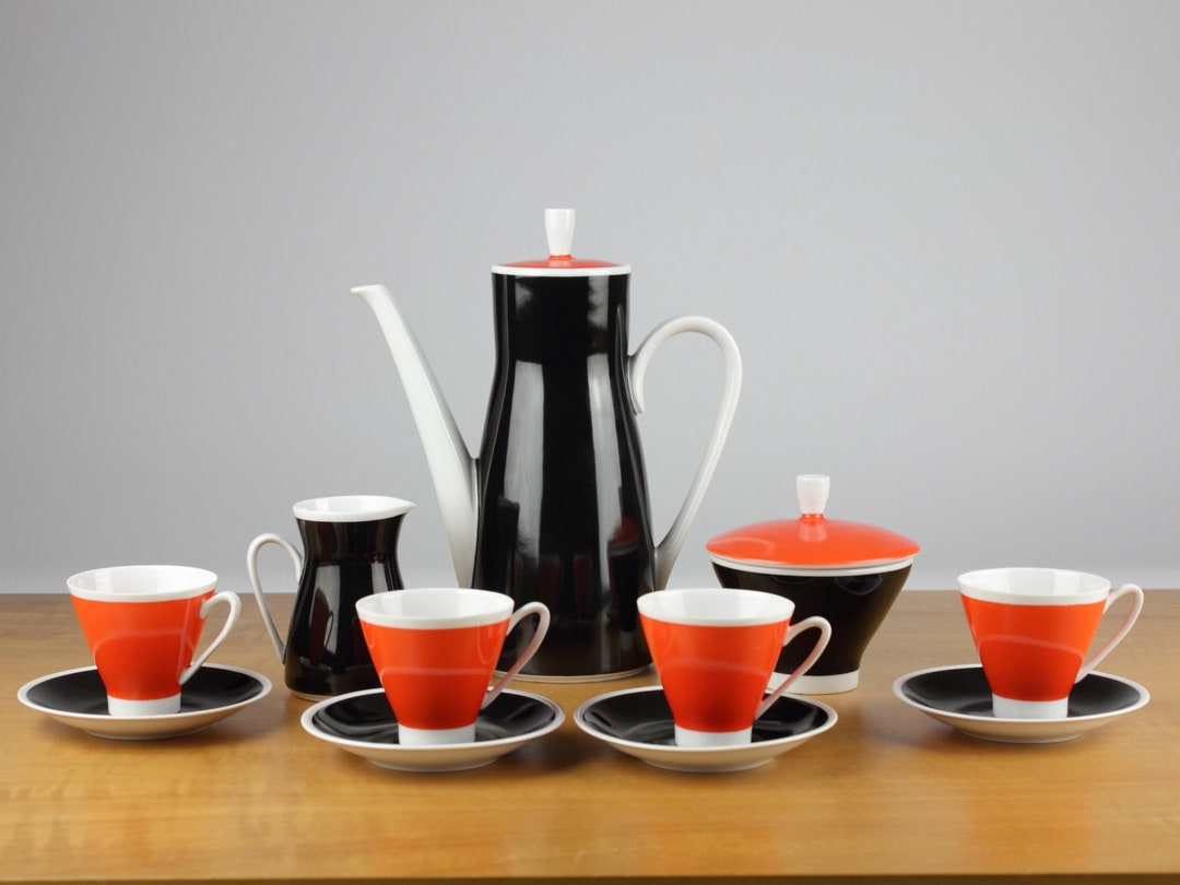 50s Porcelain Expresso Set for 4 Persons, Creamer, Suggar Box, Coffee Pot, by Freiberger, East ...