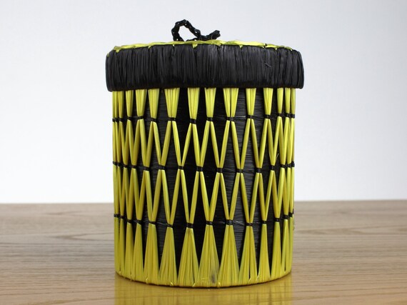 Raffia Box Yellow Black Can With Lid 60s 70s East German | Etsy