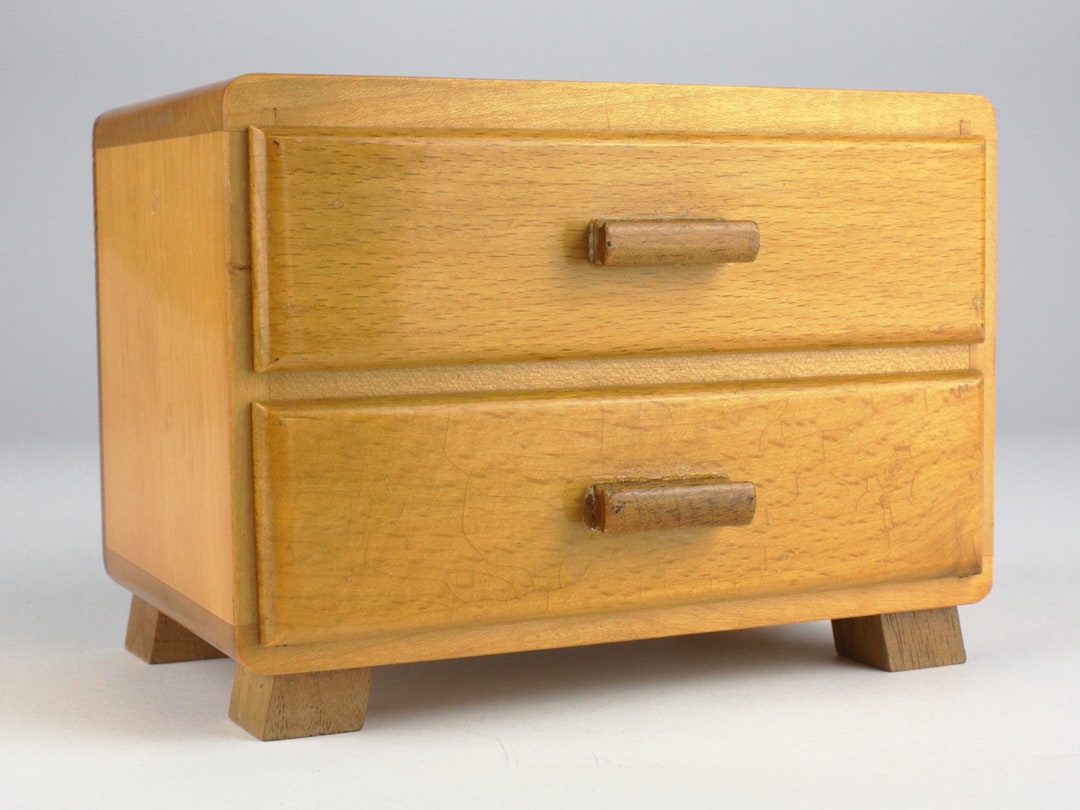 50s Vintage Wooden Jewelry Box, Two Drawers, Ash Wood, East German Arts ...