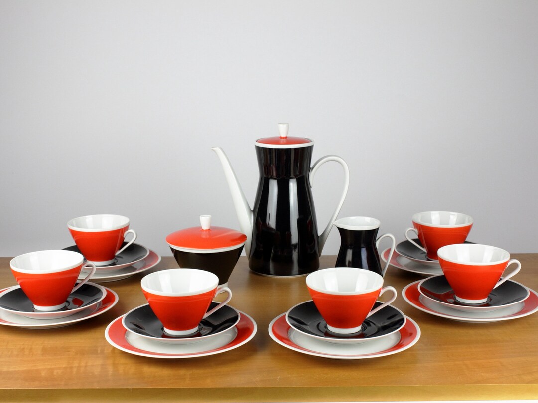 50s Porcelain Coffee Service for 6 Persons, Creamer, Suggar Box, Coffee Pot, by Freiberger, East ...