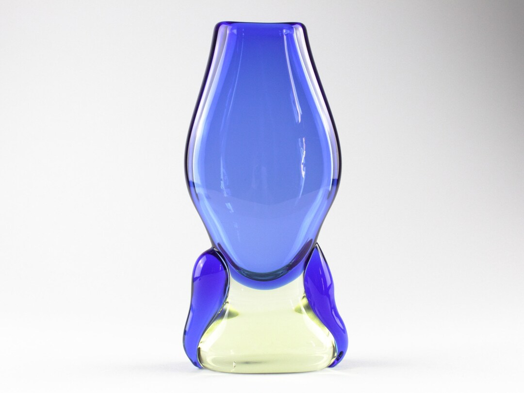 Tall Blue Crystal Glass Vase, Czech Glass Work by Zemek for Zelezny ...