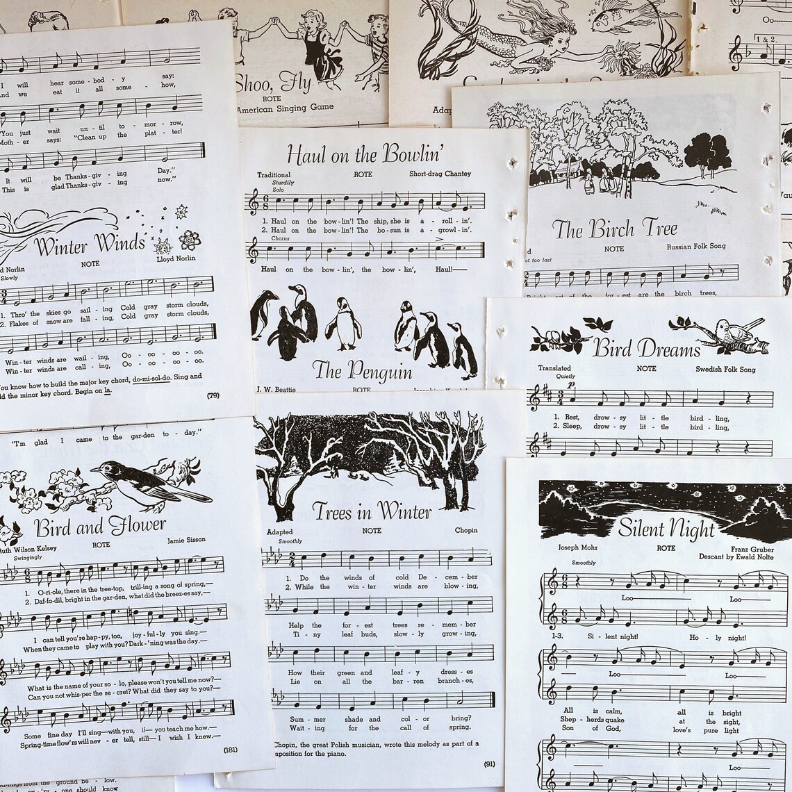 1947 Illustrated Childrens School Song Book Pages, Vintage Sheet Music ...