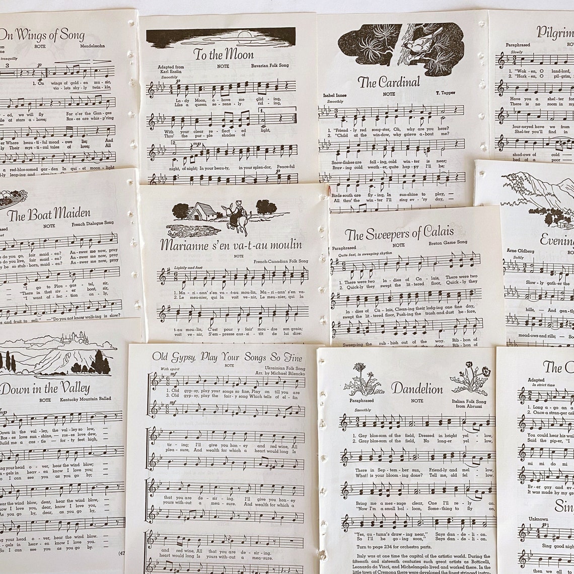 1947 Illustrated Childrens School Song Book Pages, Vintage Sheet Music ...