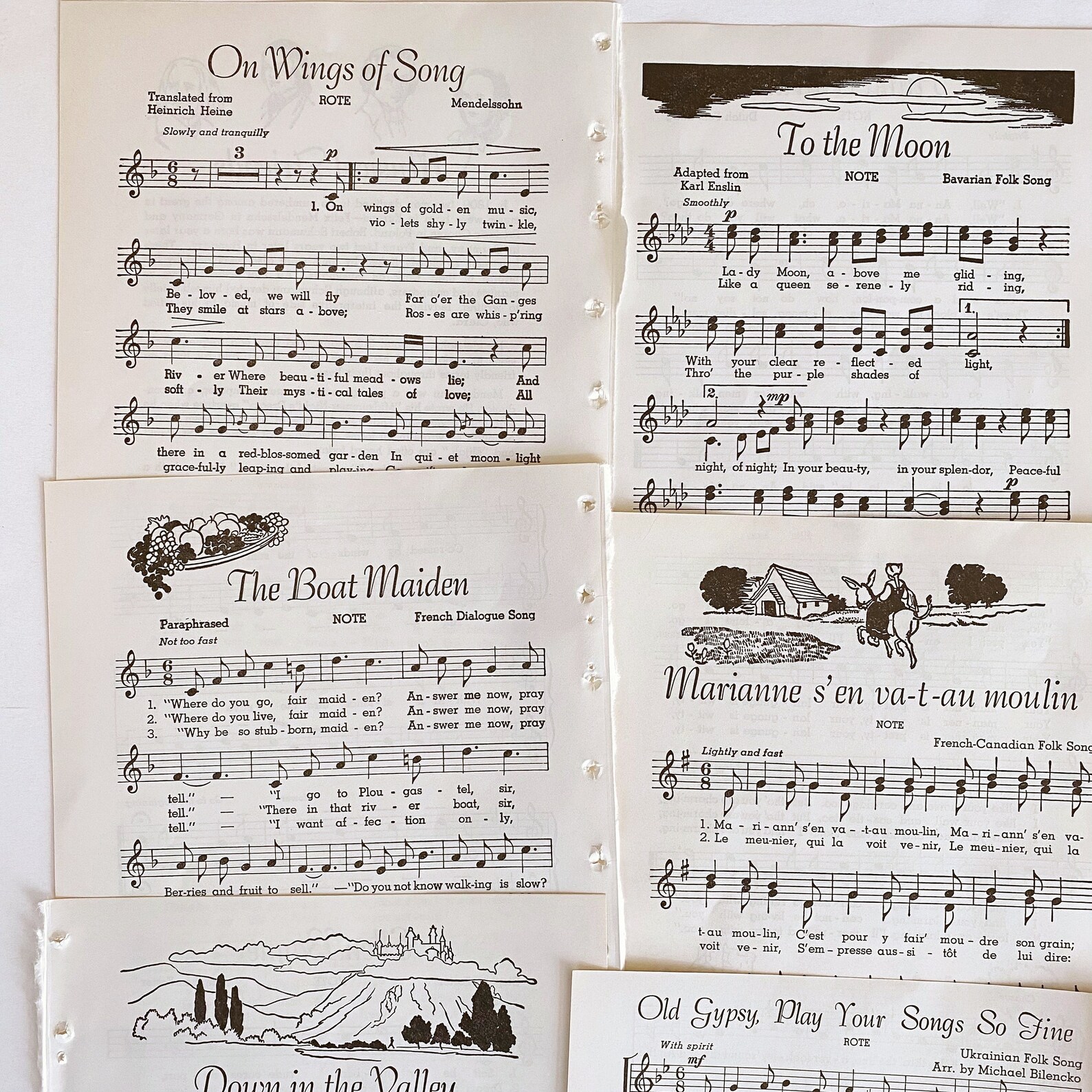 1947 Illustrated Childrens School Song Book Pages, Vintage Sheet Music ...