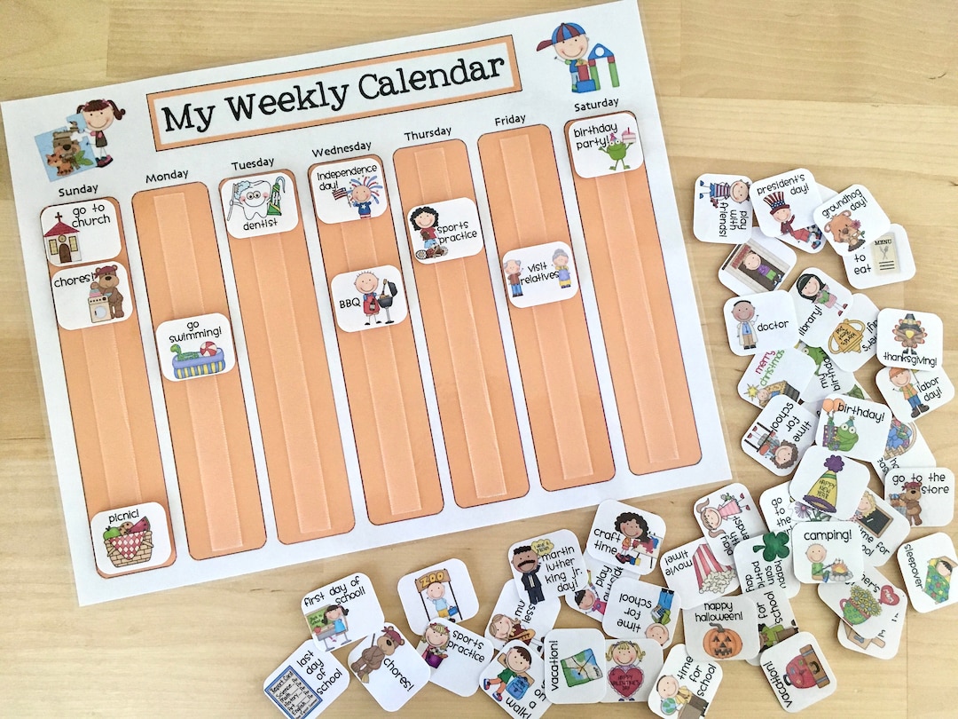 Small Kids Weekly Printable Calendar and Tiles, Schedule, Routine ...