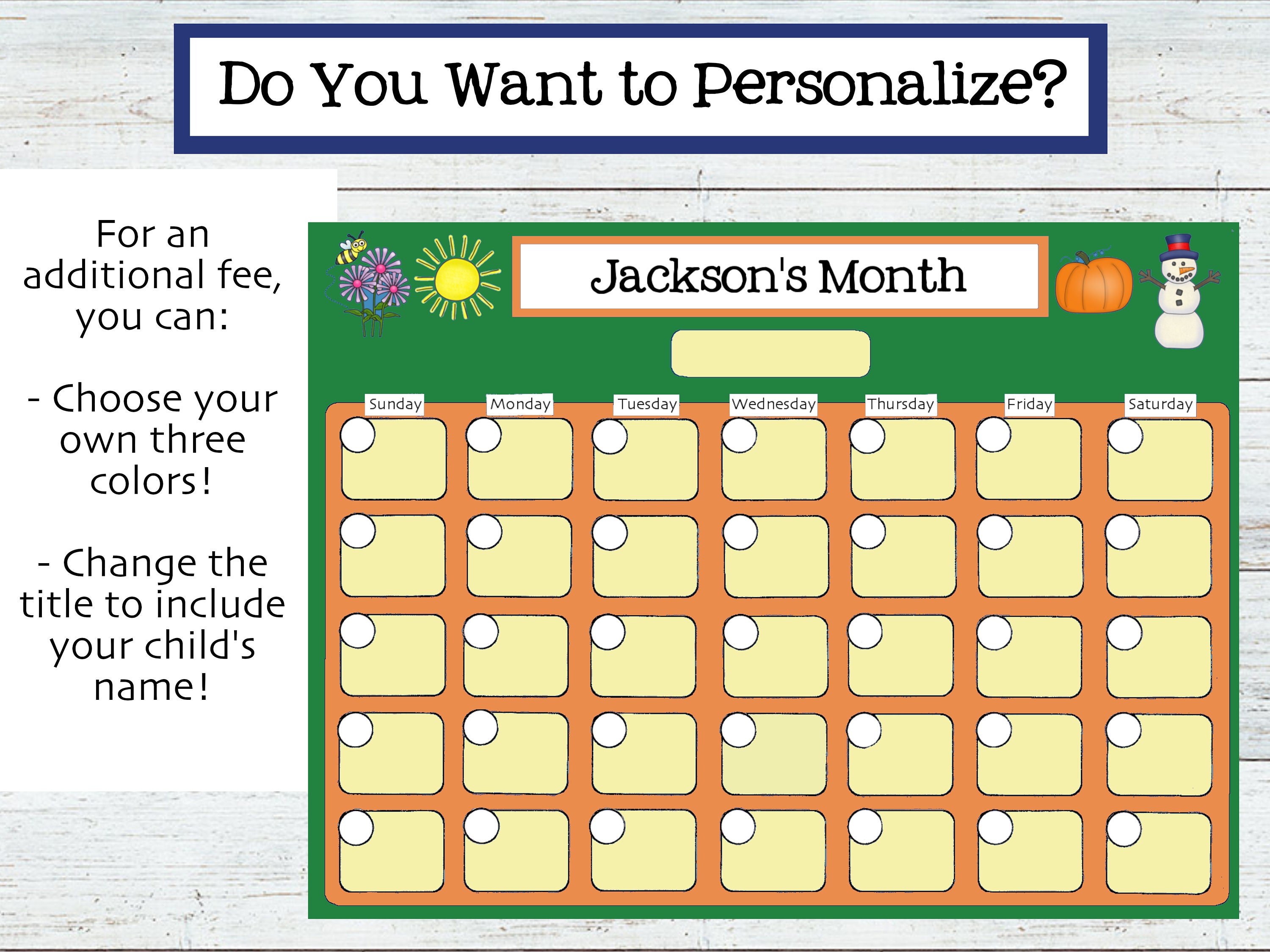Monthly Kids Calendar, Schedule, Activity Chart - Personalized Option ...