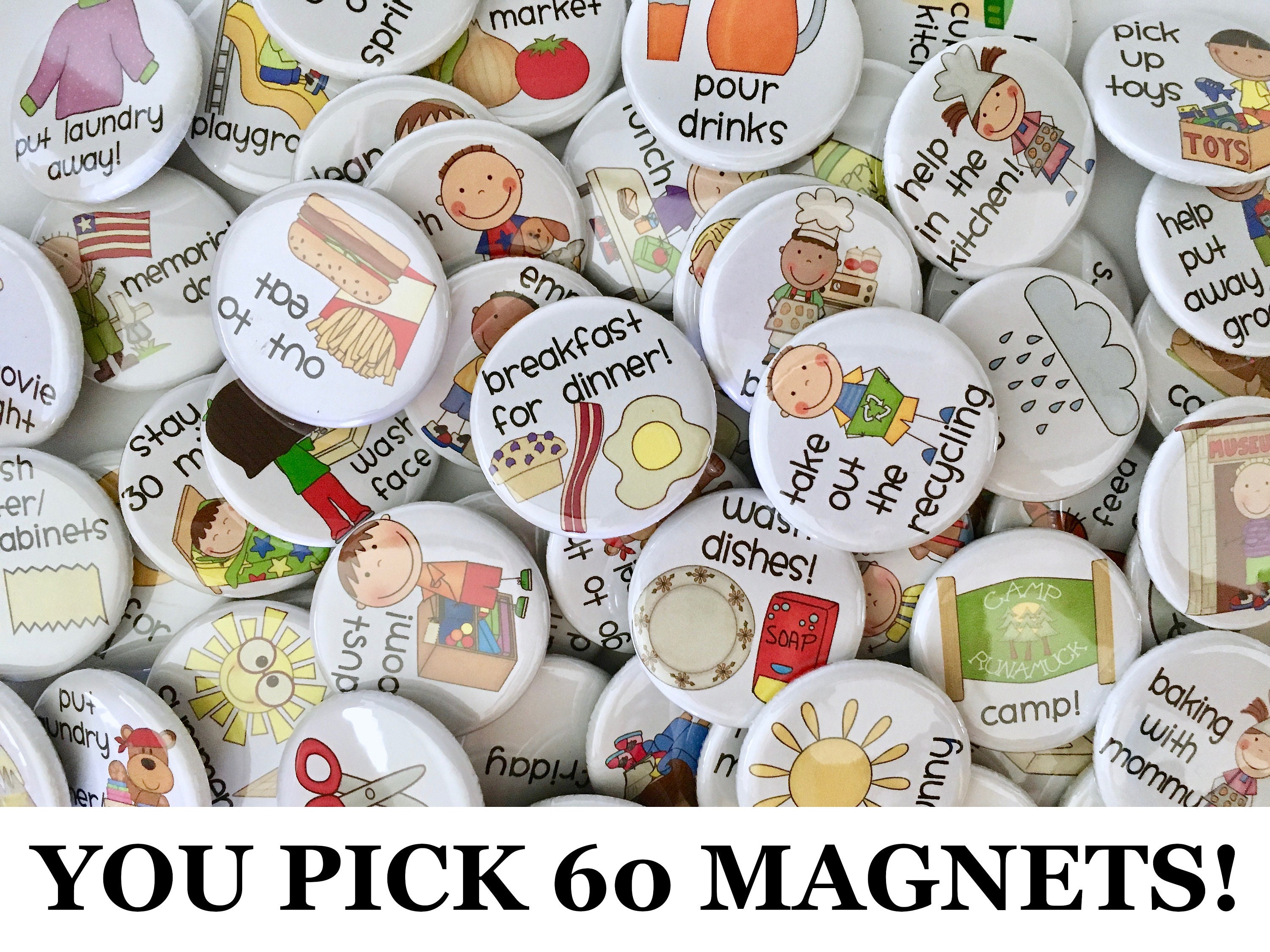 YOU PICK 60 Magnets Set (1.25" or 2.25")-- Chore, Daily Activities ...