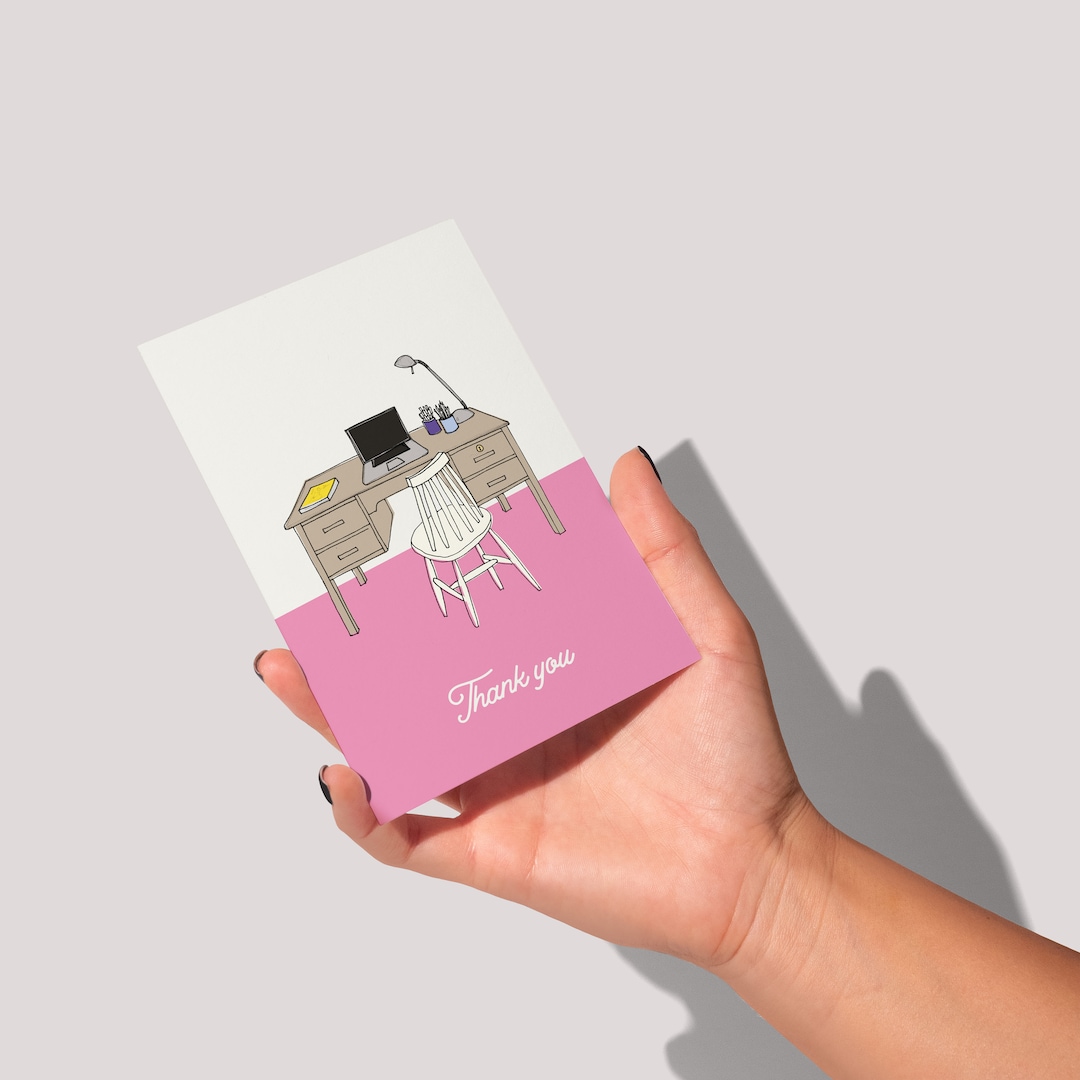 Pink Desk Thank You Card, Illustrated Teacher & Tutor Appreciation Card ...