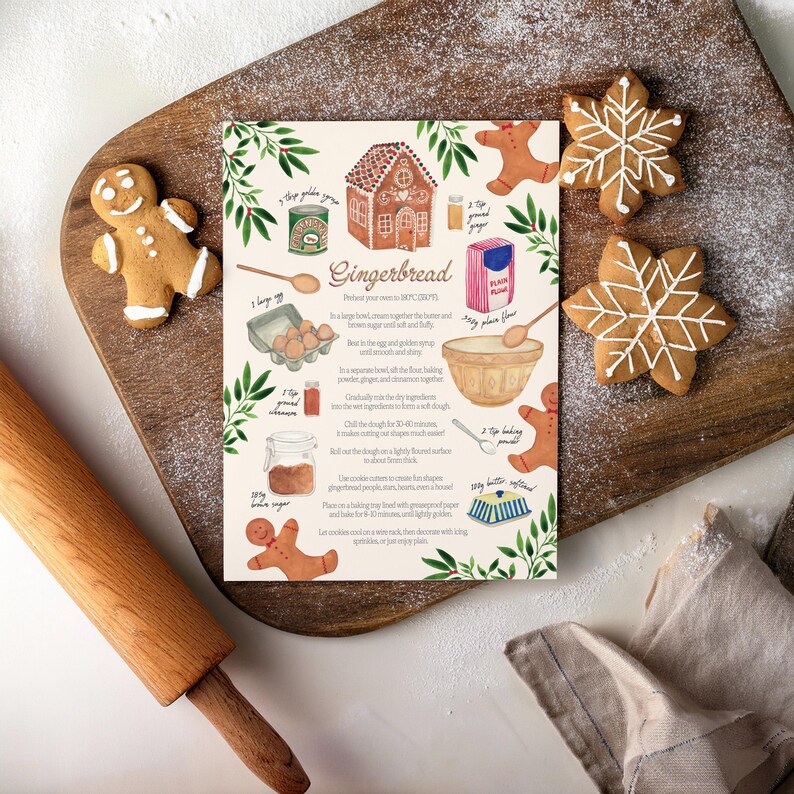 Gingerbread Recipe Wall Art, Illustrated Baking Recipe Print ...